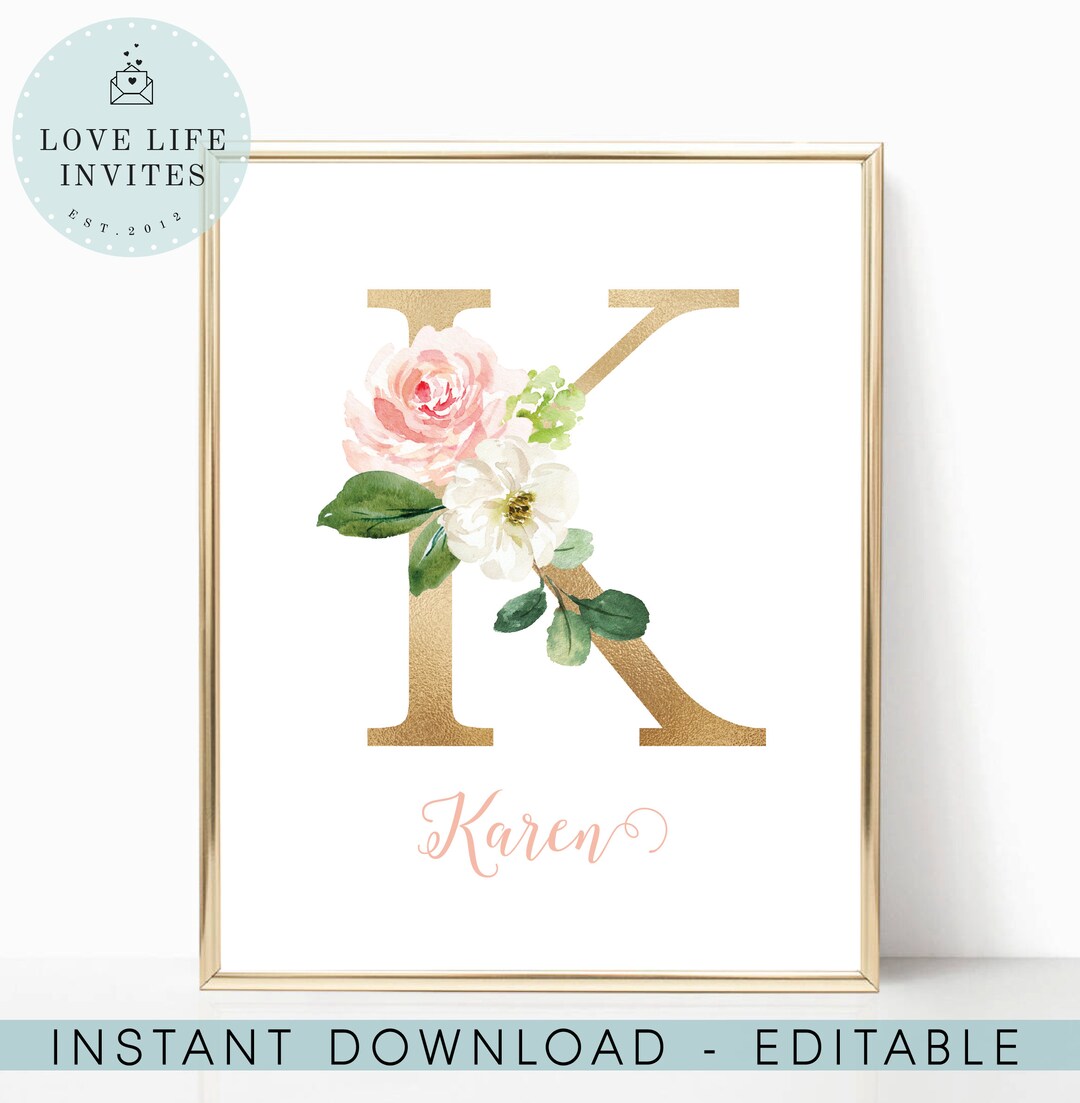 Letter K Nursery Wall Art, Floral Letter Baby Name Sign for Nursery ...