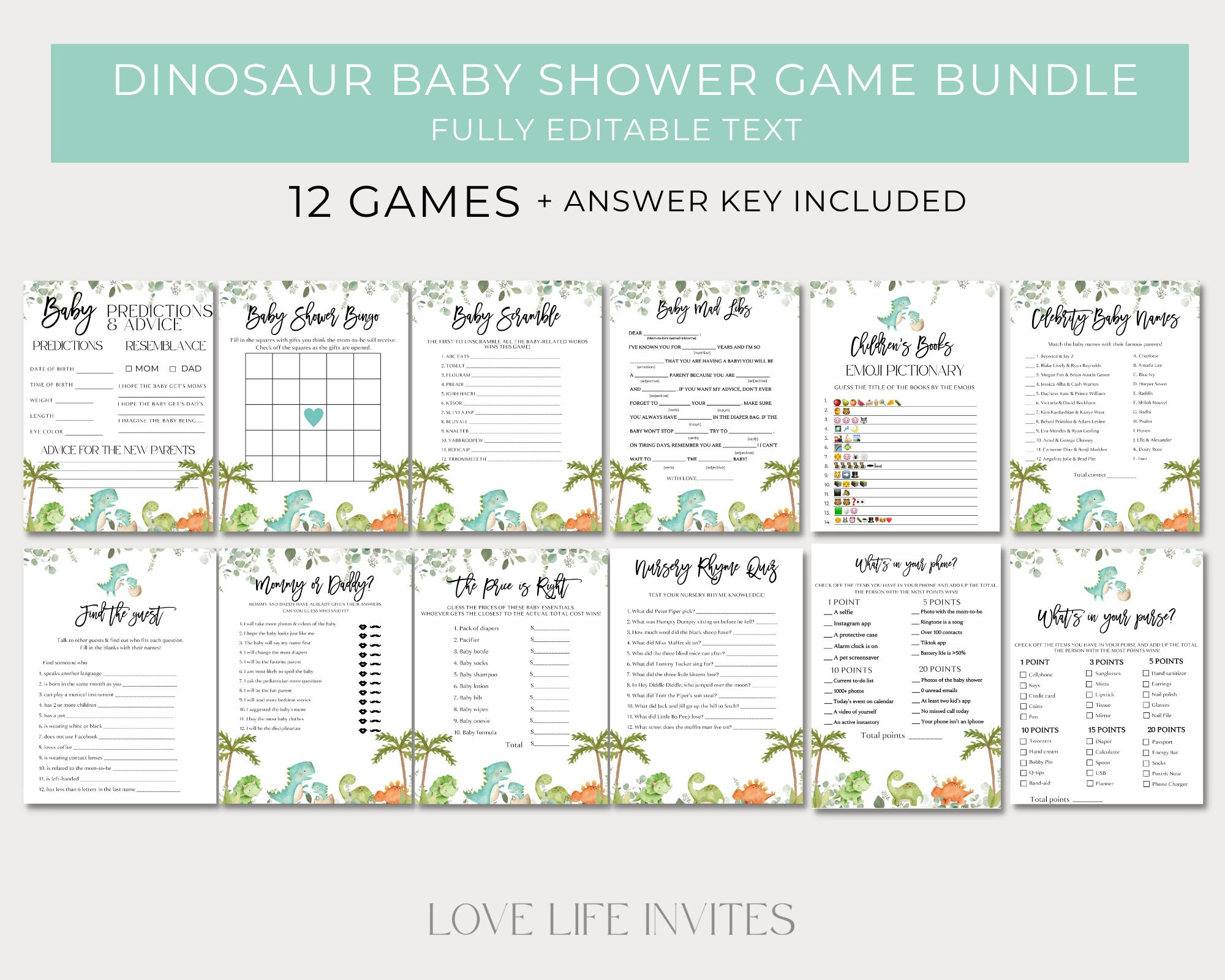 Dinosaur Baby Shower Games Bundle Dino Baby Shower Games | Etsy