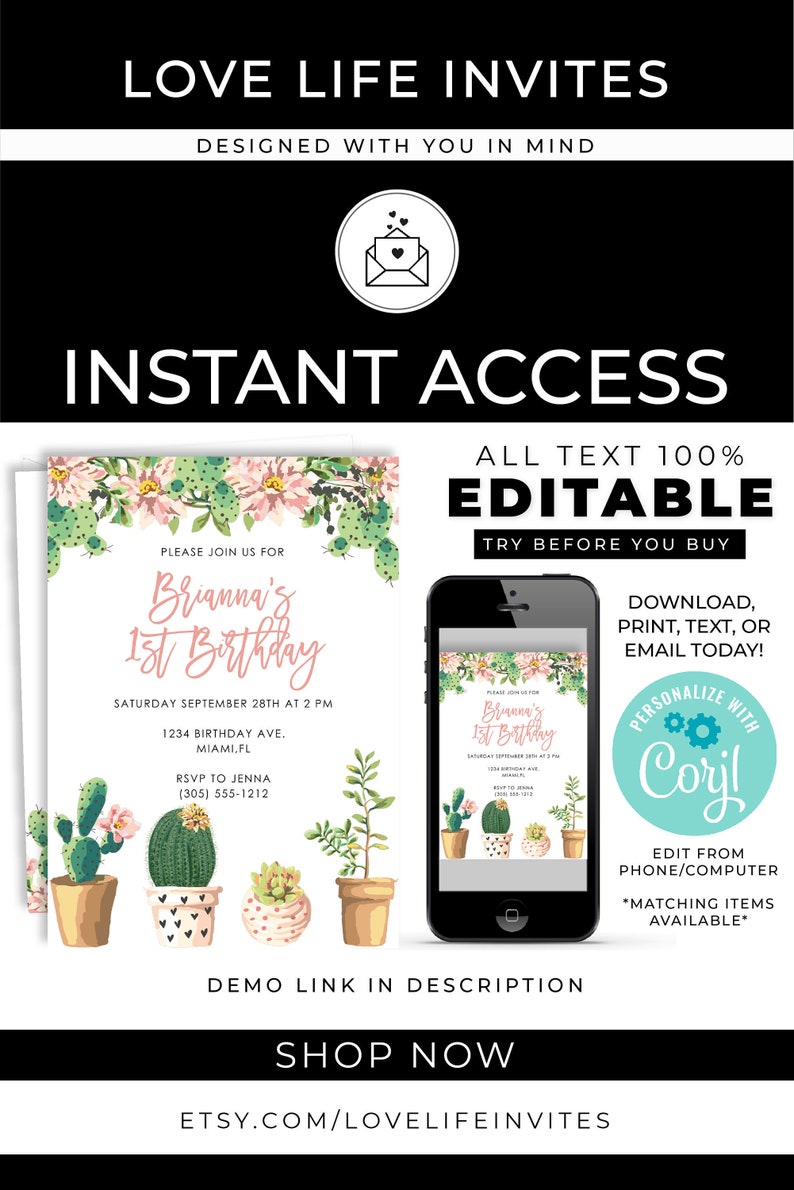 Cactus Birthday Party Invitation Template Editable Fiesta - Etsy