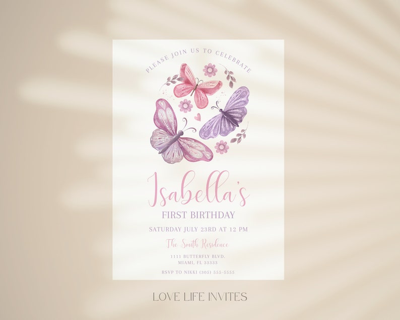 Butterfly Birthday Invitation Pastel Pink Purple Butterflies - Etsy