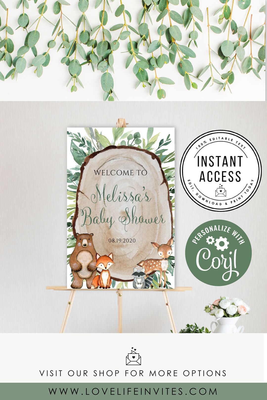 Rustic Woodland Baby Shower Welcome Sign, Editable Woodland Sign ...