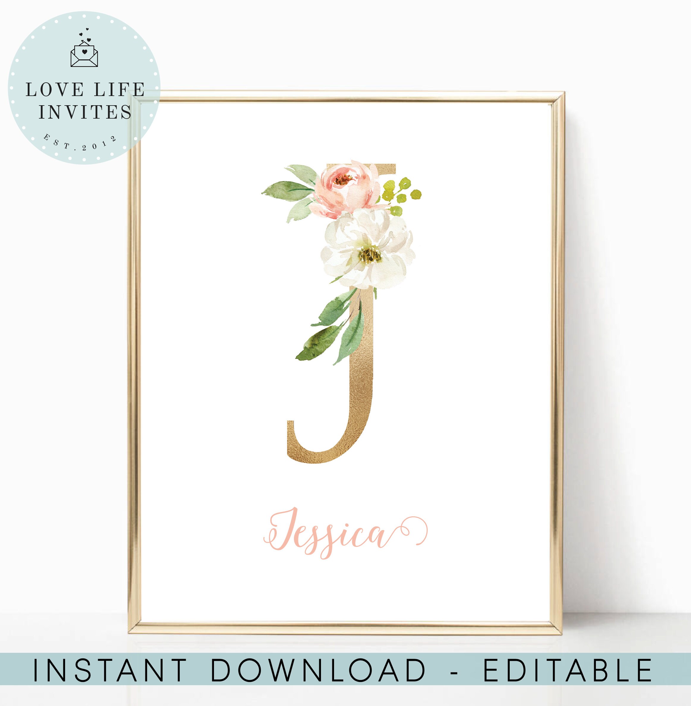 Letter J Nursery Wall Art Floral Letter Baby Name Sign for | Etsy