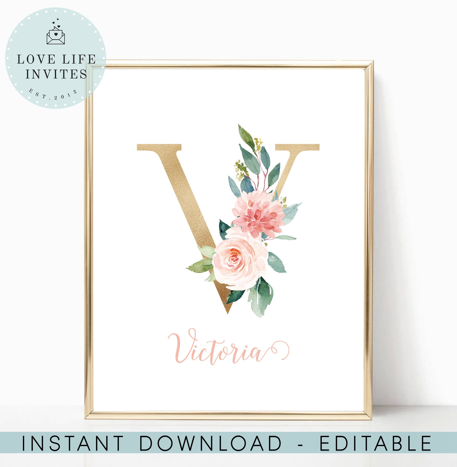 Letter V Nursery Wall Art Floral Letter Baby Name Sign for - Etsy