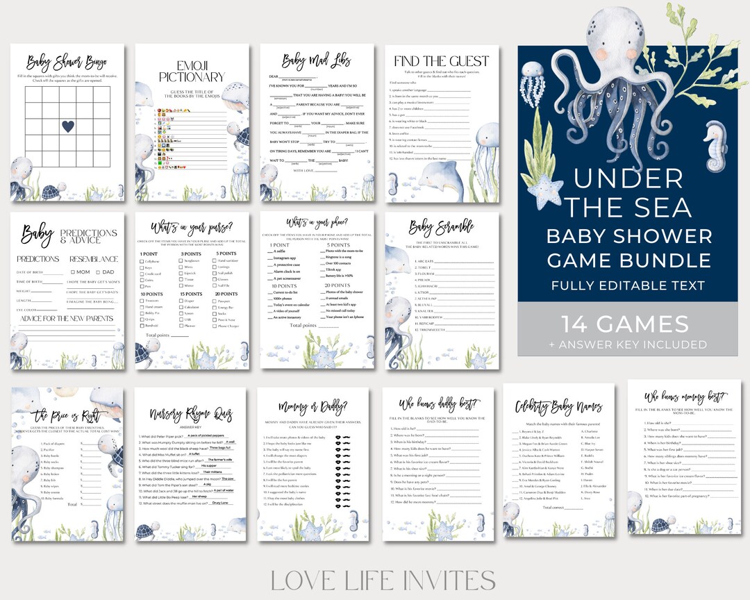 Baby Shower Game Bundle, Under the Sea Baby Shower Printable Games, Boy ...