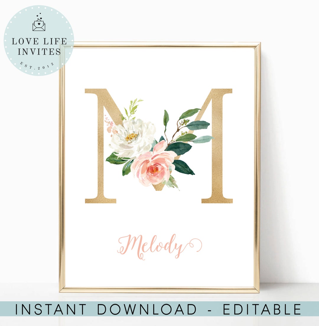 Letter M Nursery Wall Art, Editable Gold Initial Wall Art, Instant ...