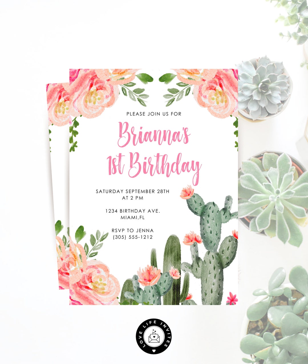 Floral Cactus Birthday Party Invitation Template, Editable Fiesta Party ...