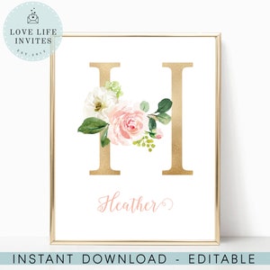 Letter H Nursery Wall Art, Editable Gold Initial Wall Art, Instant ...