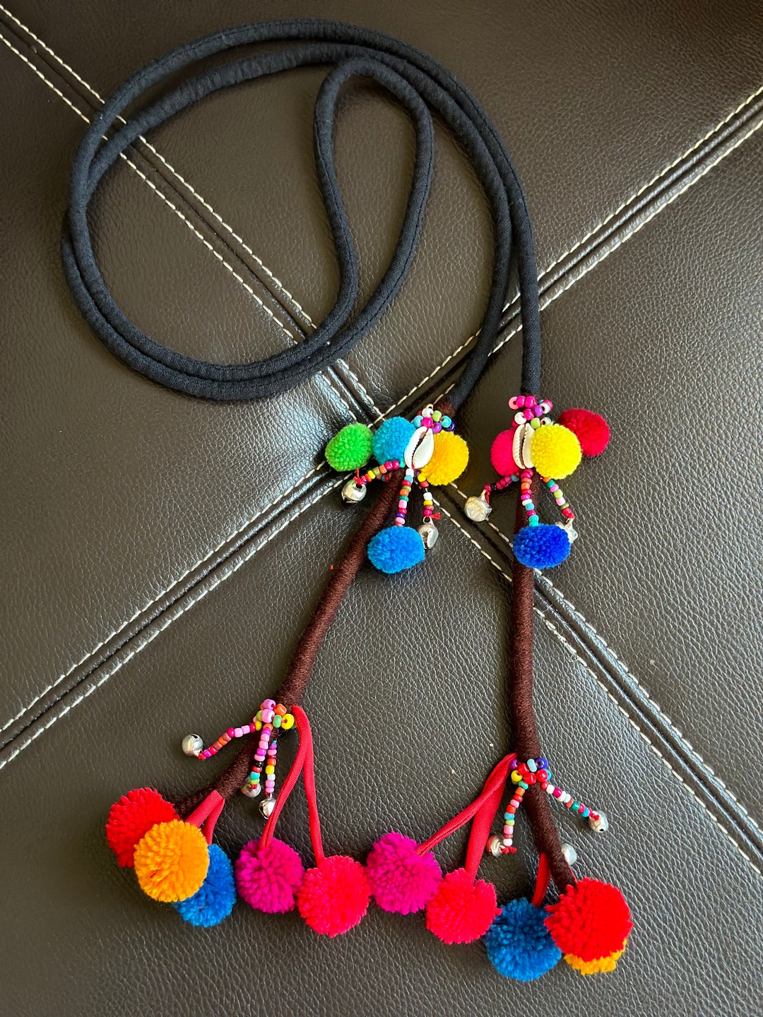 BE11-20 Funky Belt Pom-pom & Wood Beads, Woven Satin Cording With Many ...