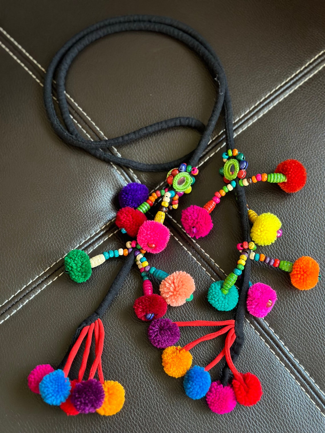 BE21-30 Funky Belt Pom-pom & Wood Beads,woven Satin Cording With Many ...