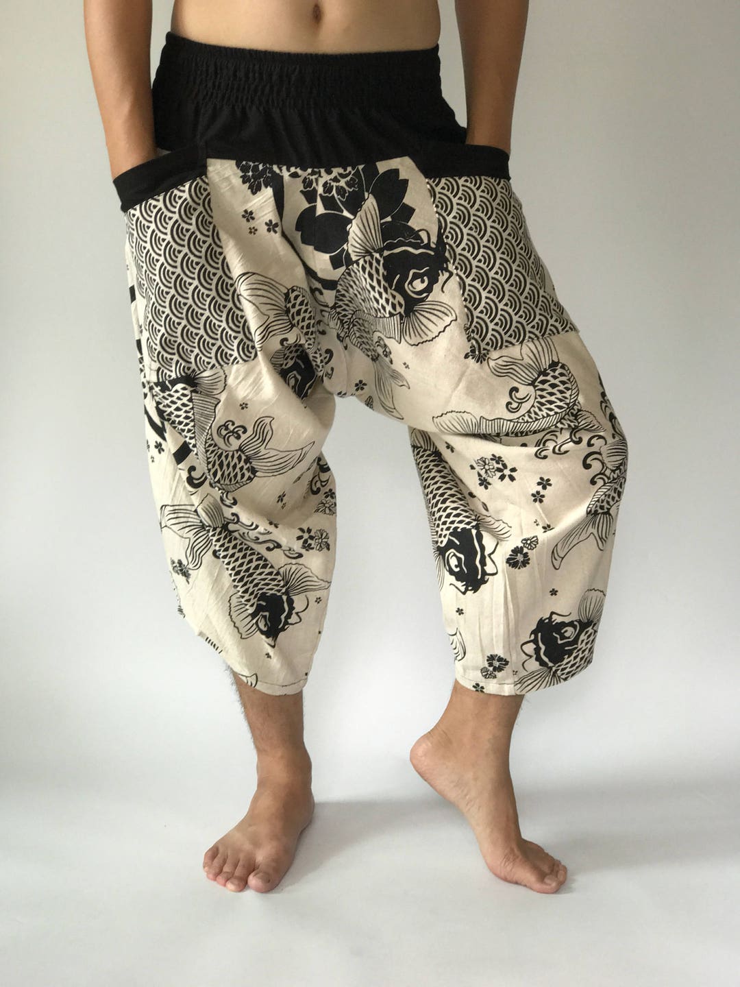 HC0103 Whtie Koi Fishes Printed Elastic Waist Samurai Pants, Samurai ...