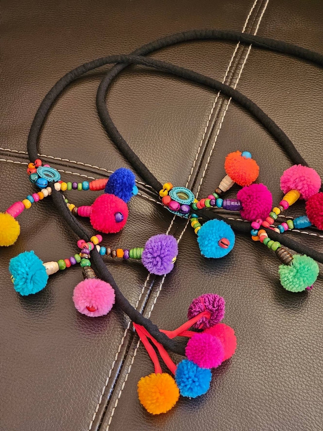 BE1-20 Funky Belt Pom-pom & Wood Beads,woven Satin Cording With Many ...