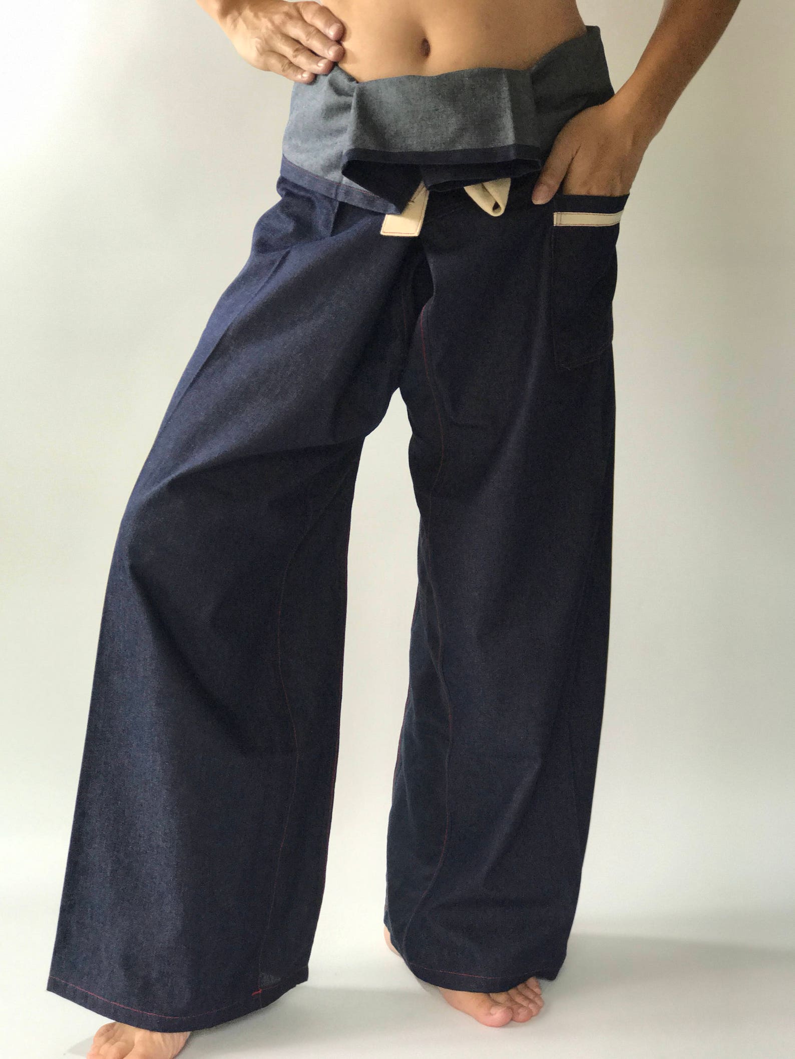 FJ0003 New Design Denim Jean Thai Fisherman Pants Wide Leg Pants, Wrap ...