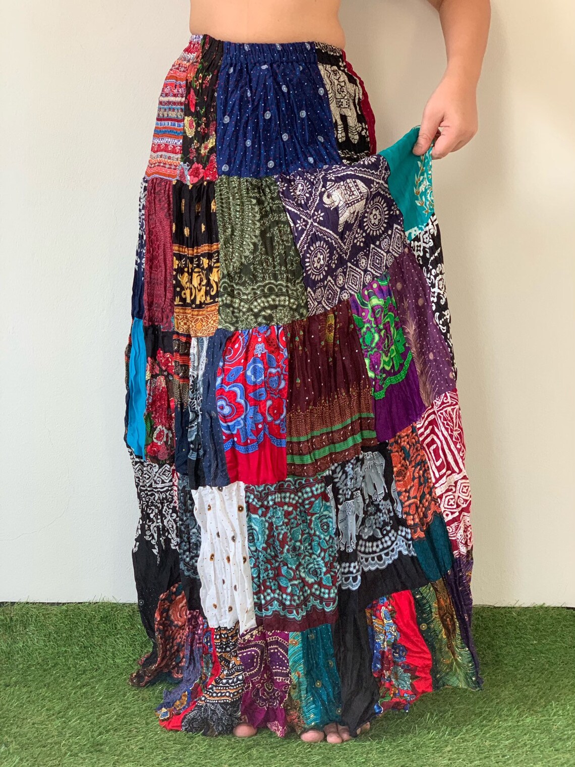 SK0825 Rayon Patchwork Bohemian Skirt. Long Skirt, Boho Style, Beach ...