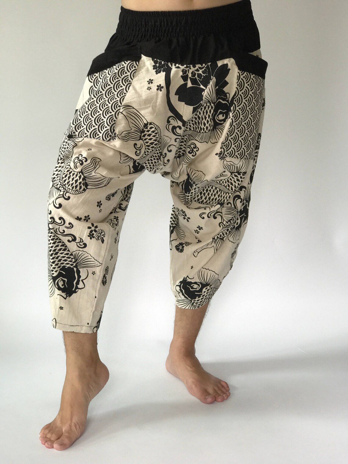HC0103 Whtie Koi Fishes Printed Elastic Waist Samurai Pants, Samurai ...