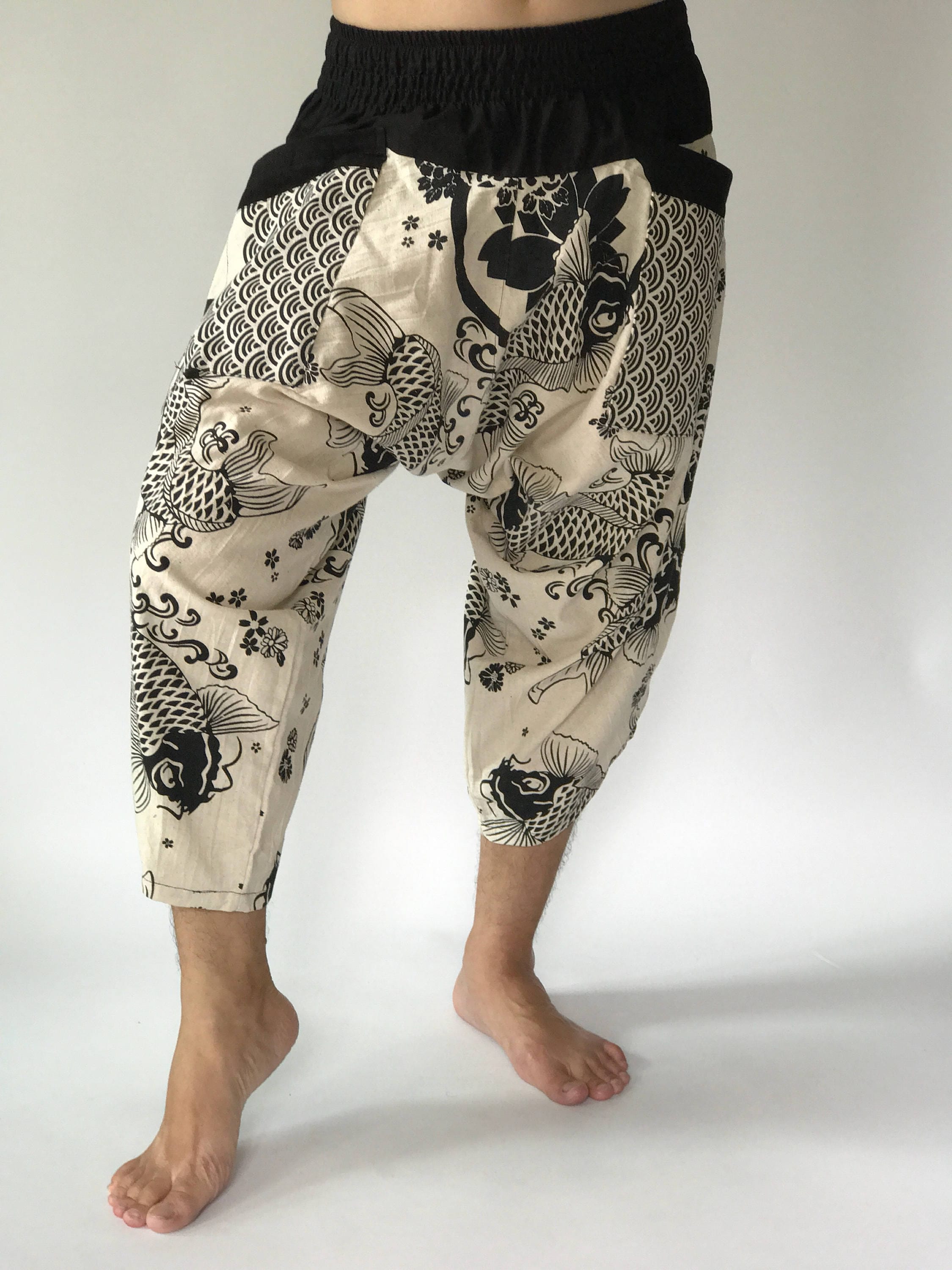 HC0103 Whtie Koi Fishes Printed Elastic Waist Samurai Pants, Samurai ...