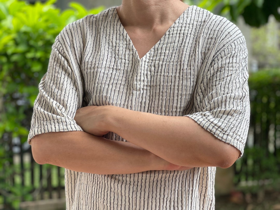 CG0601 V-neck Double Gauze Cotton Top in White and Black Striped , Light and Airy, Perfect for ...