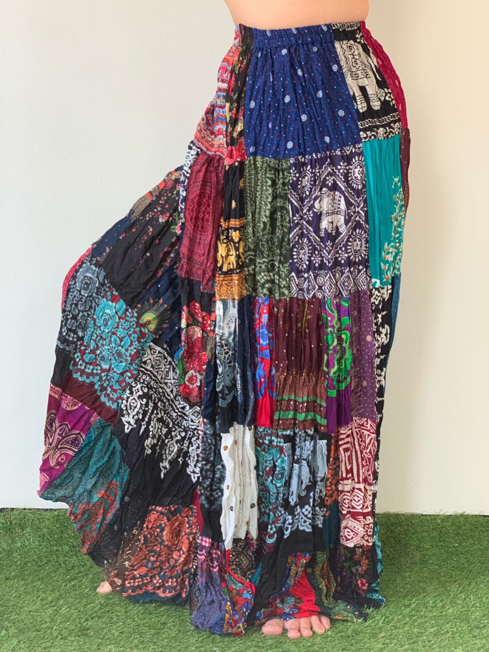 SK0825 Rayon Patchwork Bohemian Skirt. Long Skirt, Boho Style, Beach ...