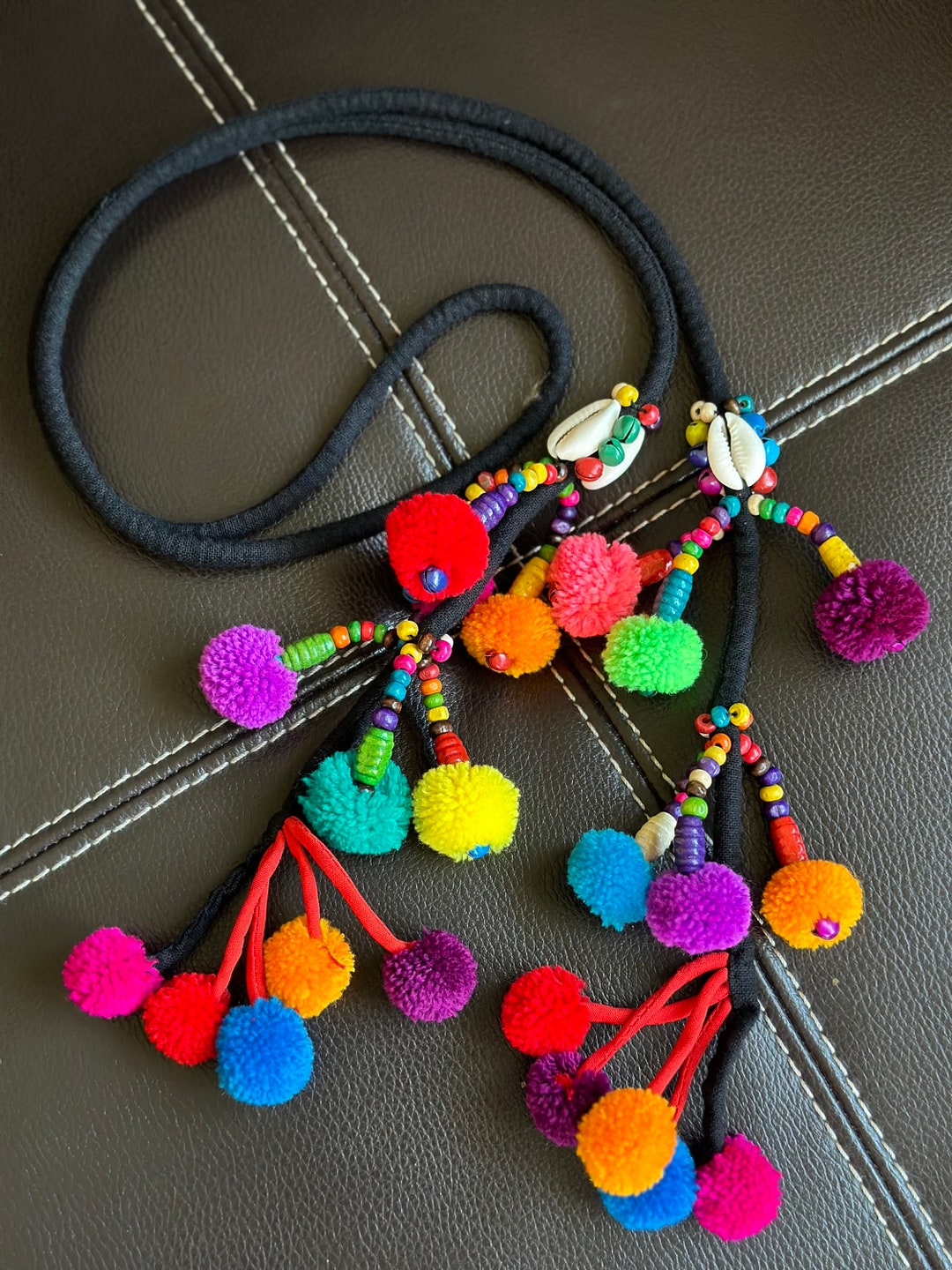 BE21-30 Funky Belt Pom-pom & Wood Beads,woven Satin Cording With Many ...