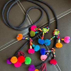 BE21-30 Funky Belt Pom-pom & Wood Beads,woven Satin Cording With Many ...