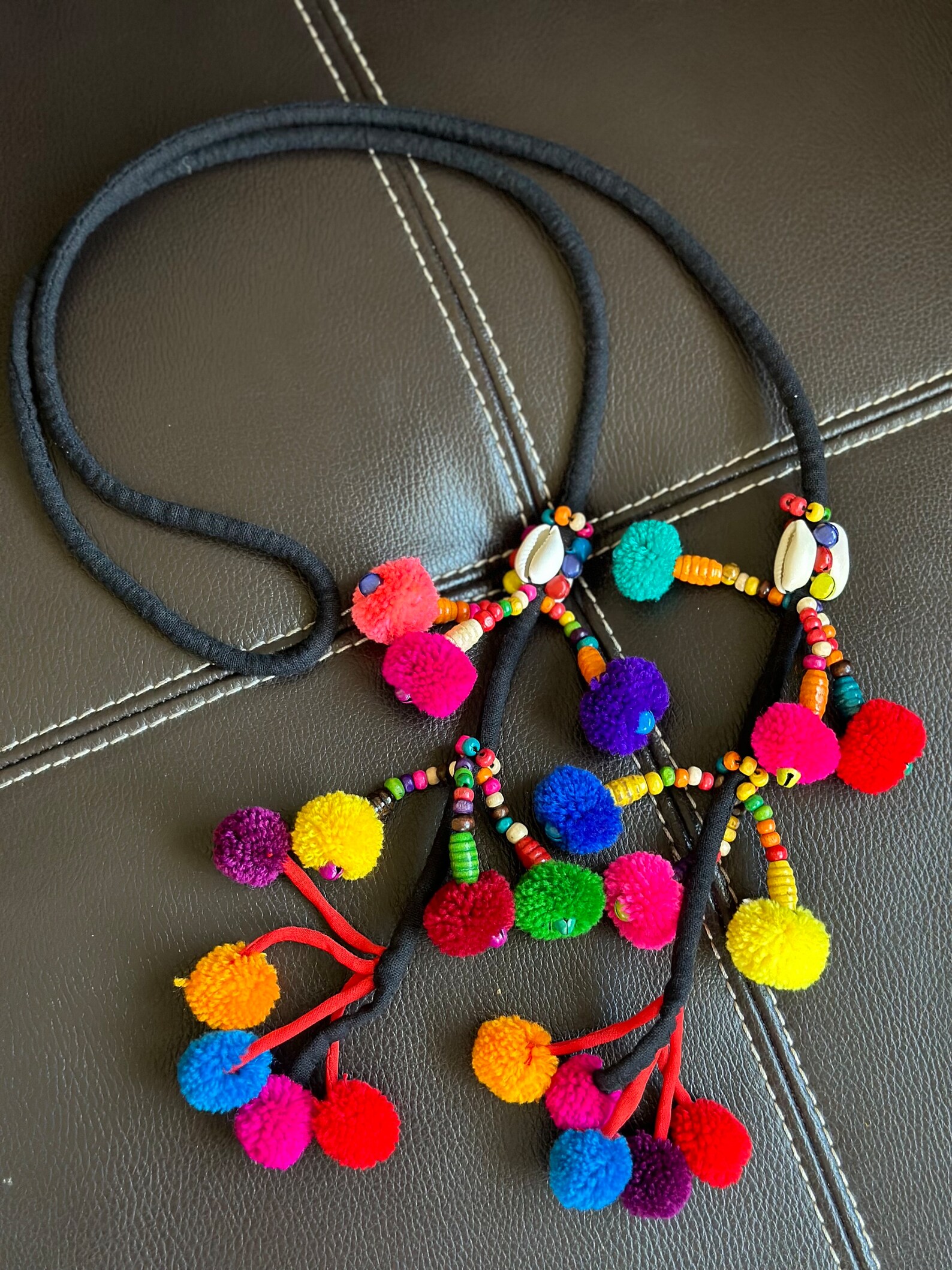 BE21-30 Funky Belt Pom-pom & Wood Beads,woven Satin Cording With Many ...