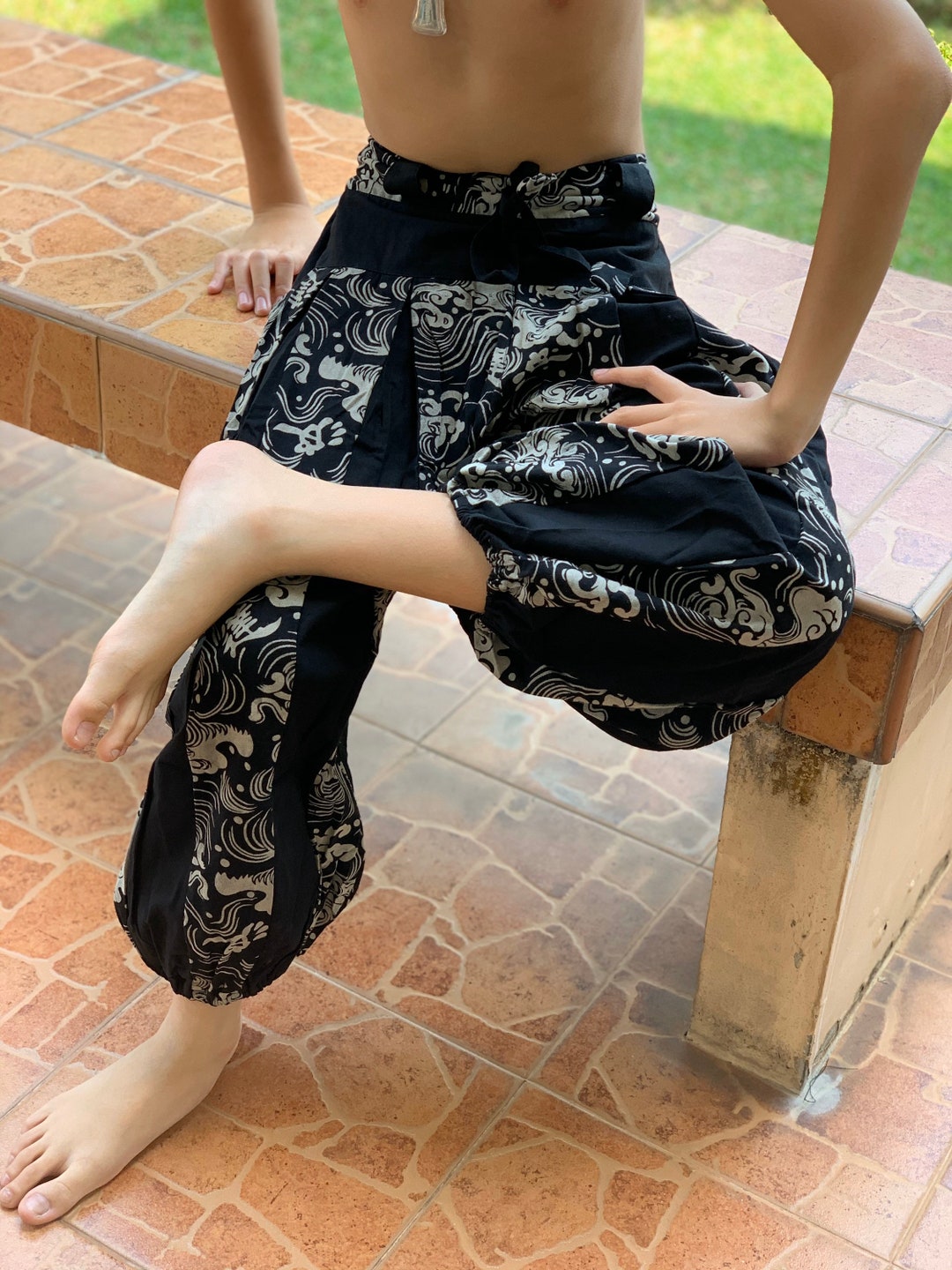 KD0190 Samurai Pants Black and White Pants Handmade Pants, Thick Smock ...