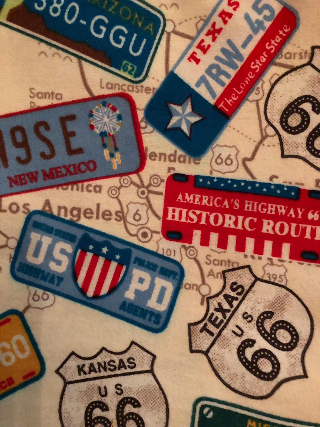 Vintage Route 66 Flannel Fabric Car Tags and State Signs Designed in ...