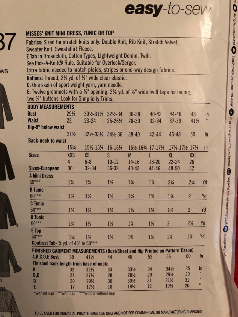 Uncut Factory Fold Sewing Pattern Simplicity D0987 Sizes XXS | Etsy