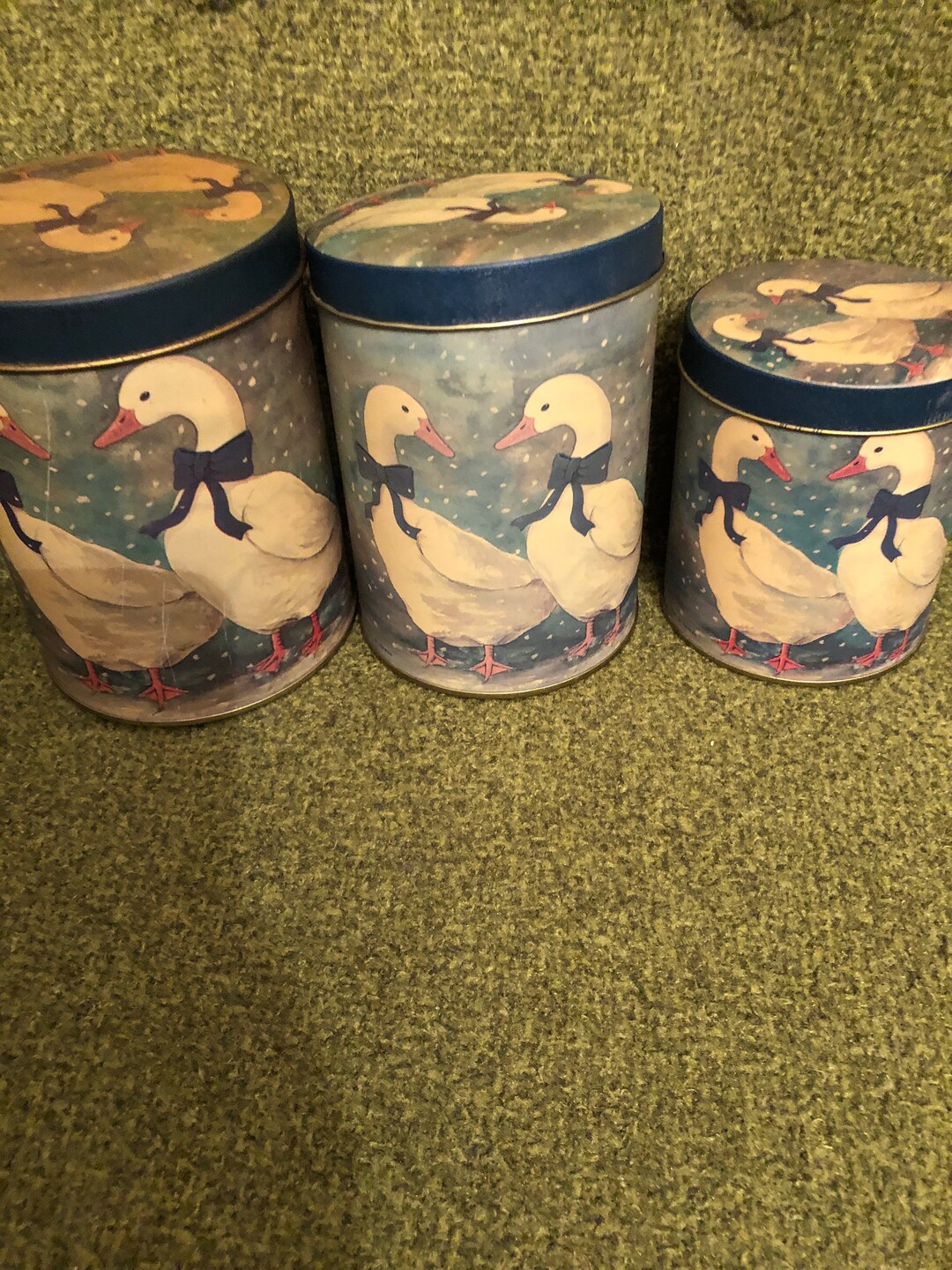 Vintage 1980s Set of Three Tins Blue With White Goose With Blue Ribbons ...