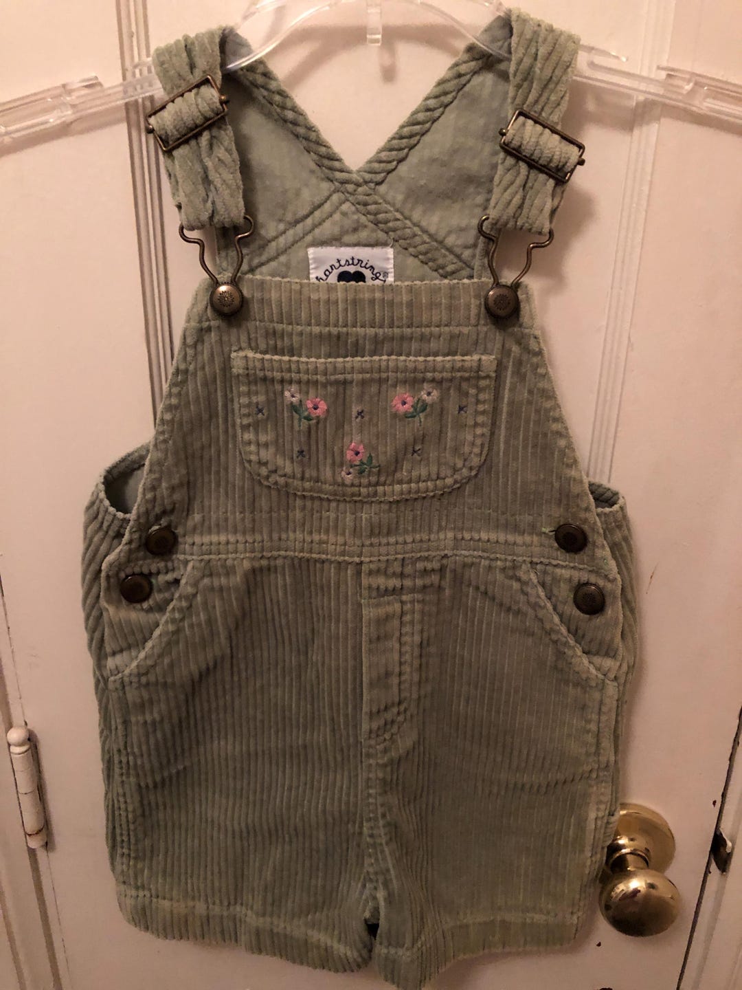 Hartstrings Green Corduroy Shortalls Size 4T Flowers on the Front Bib ...