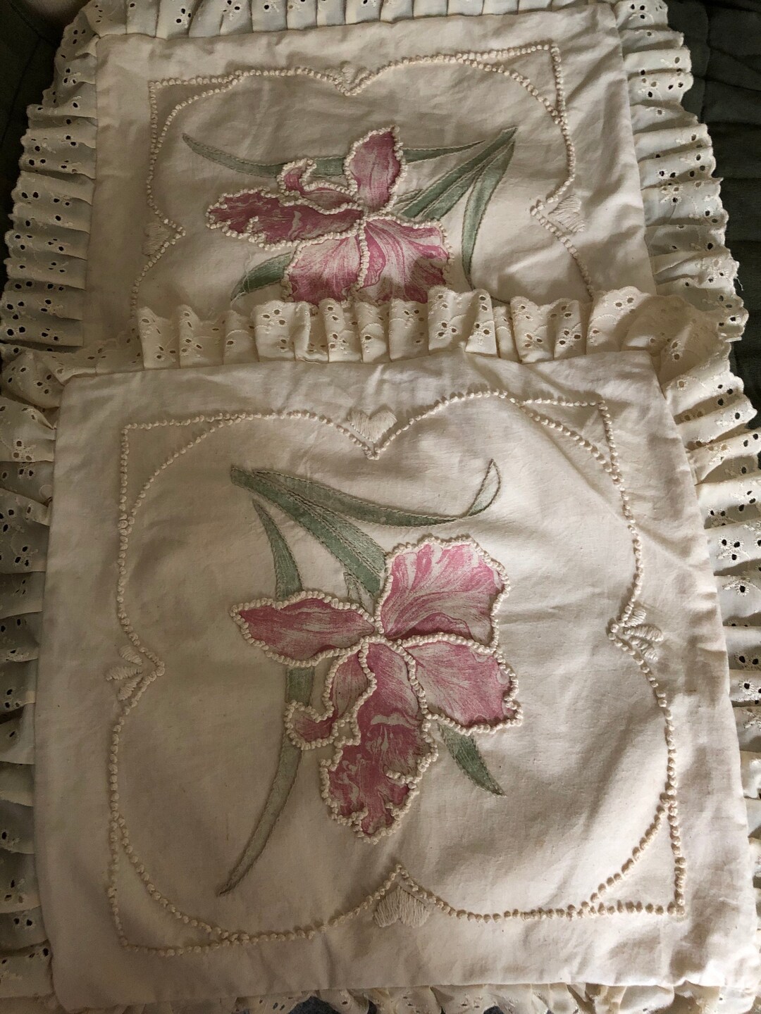 SALE Pair Set Two Hand Made Candlewick Pillow Covers With Beige Eyelet ...