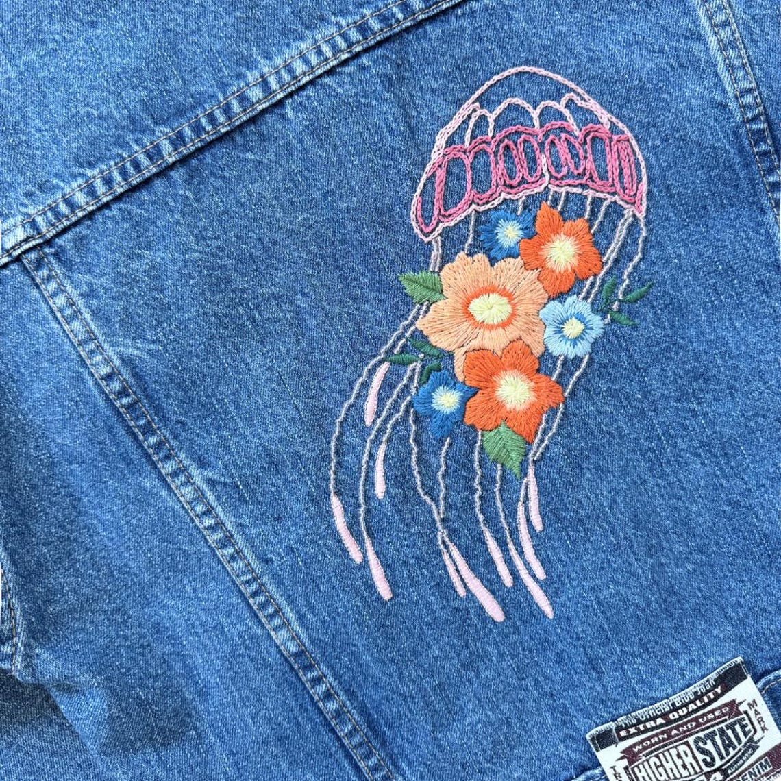 Upcycled Hand Embroidered Denim Jacket With Floral Beaded Jellyfish ...