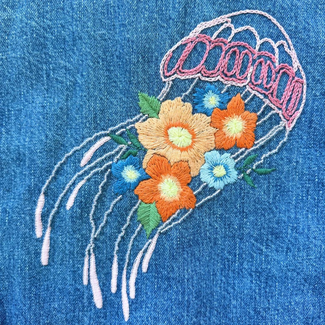 Upcycled Hand Embroidered Denim Jacket With Floral Beaded Jellyfish ...