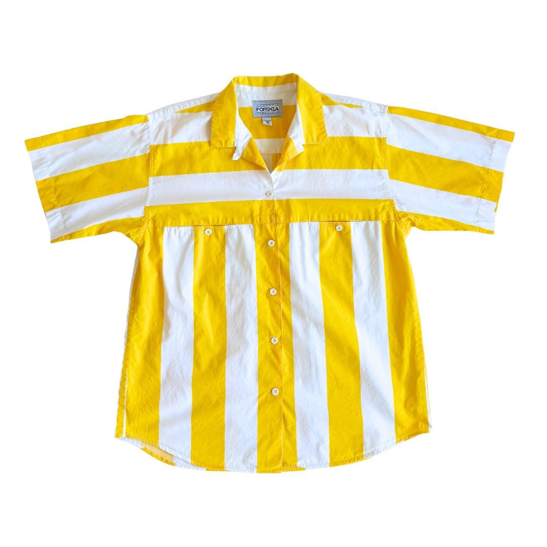 Vintage 1990s Yellow and White Striped Button Down T-shirt - Medium ...