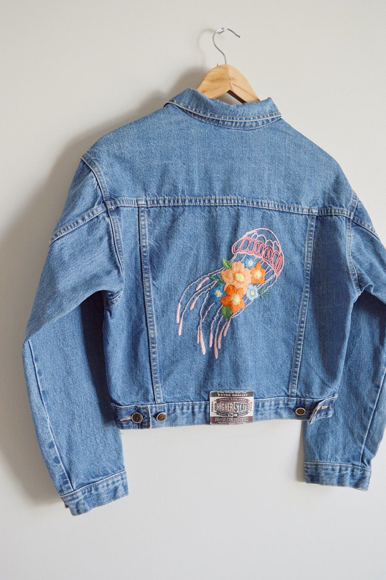 Upcycled Hand Embroidered Denim Jacket With Floral Beaded Jellyfish ...