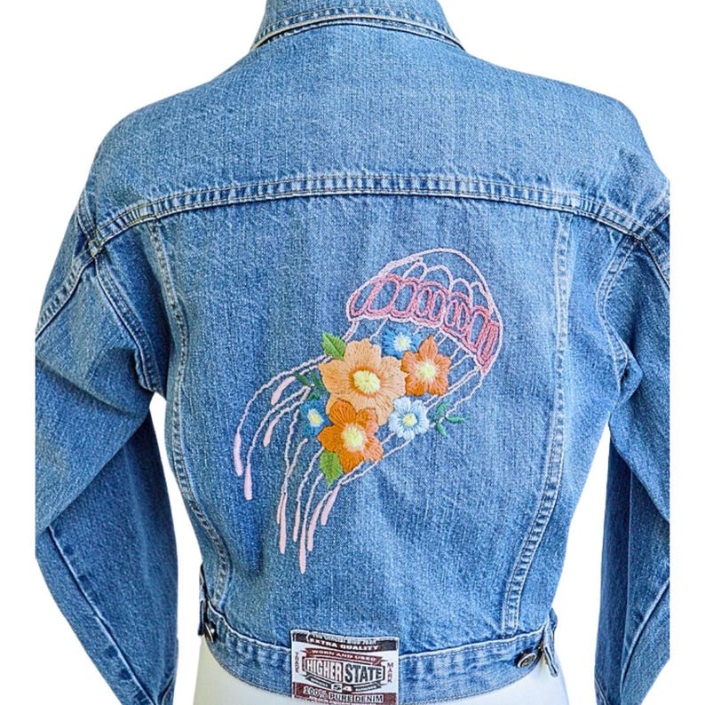 Upcycled Hand Embroidered Denim Jacket With Floral Beaded Jellyfish ...