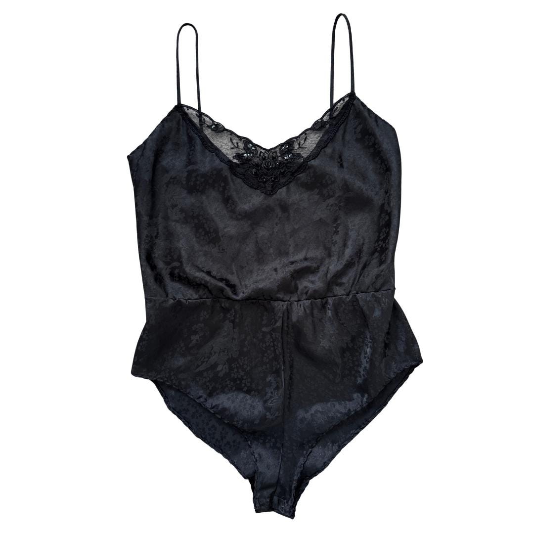 Vintage 1990s Body Chic Black Floral Satin and Lace Body Suit | Small ...