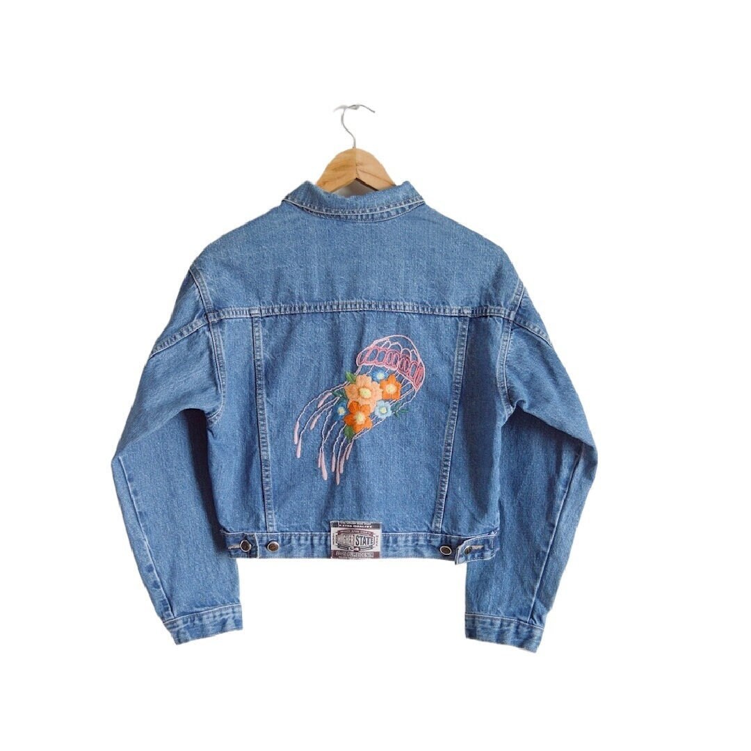 Upcycled Hand Embroidered Denim Jacket With Floral Beaded Jellyfish ...