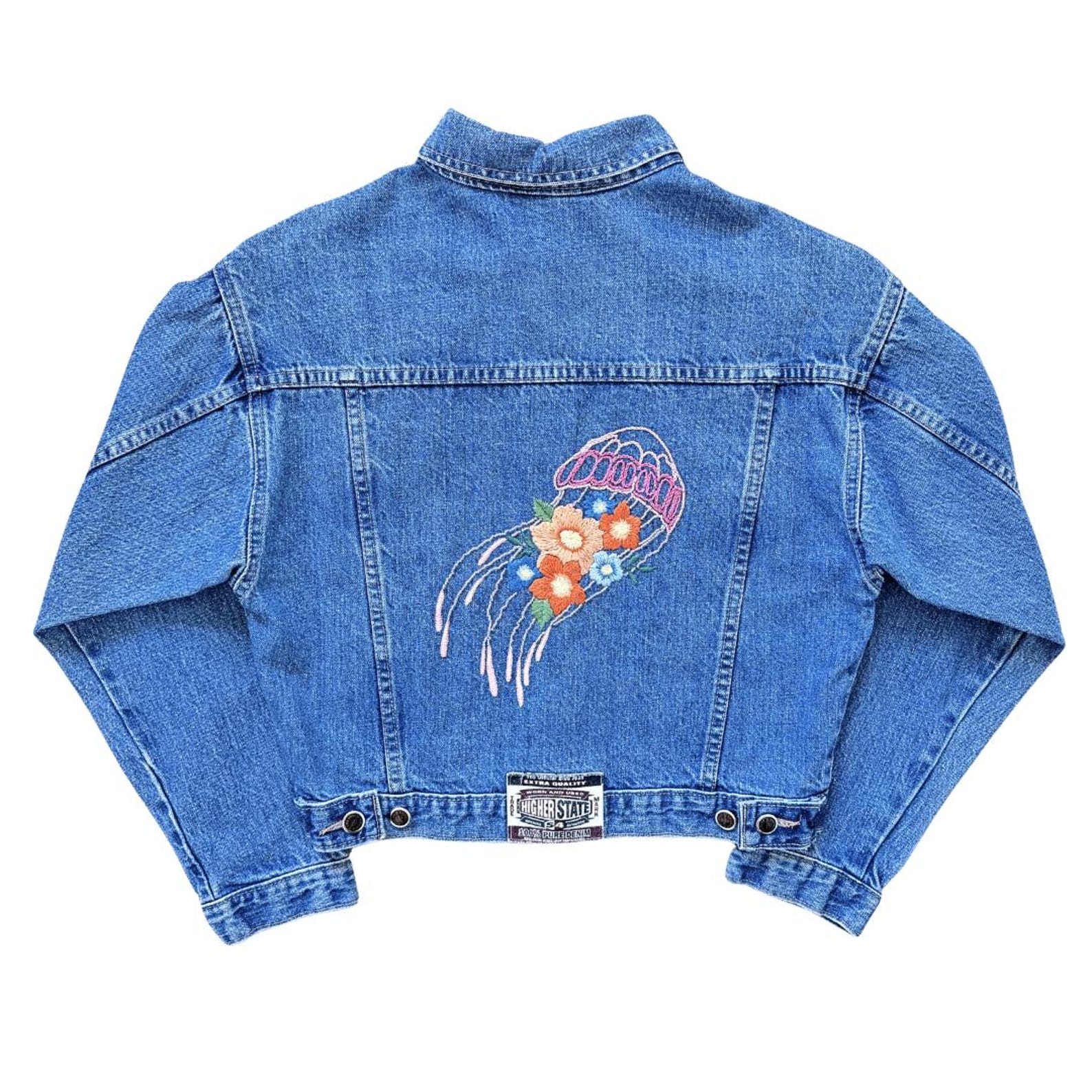 Upcycled Hand Embroidered Denim Jacket With Floral Beaded Jellyfish ...