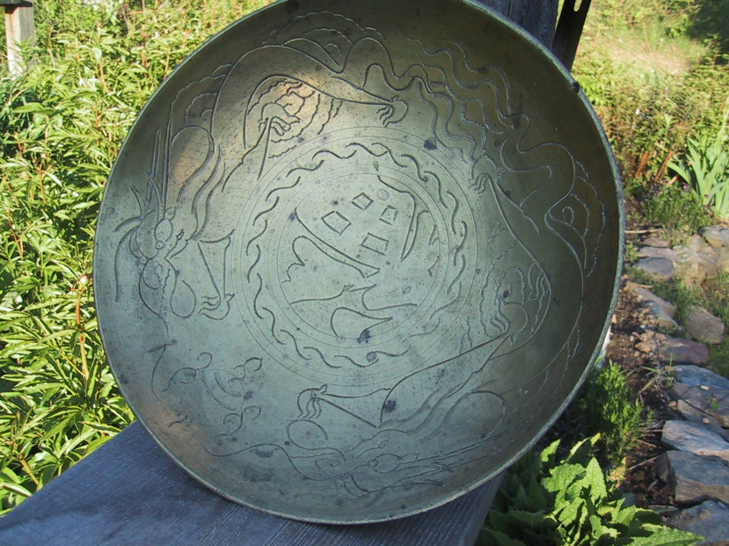 Incredible Etched Chinese Brass Plate Vintage Asian Decor | Etsy