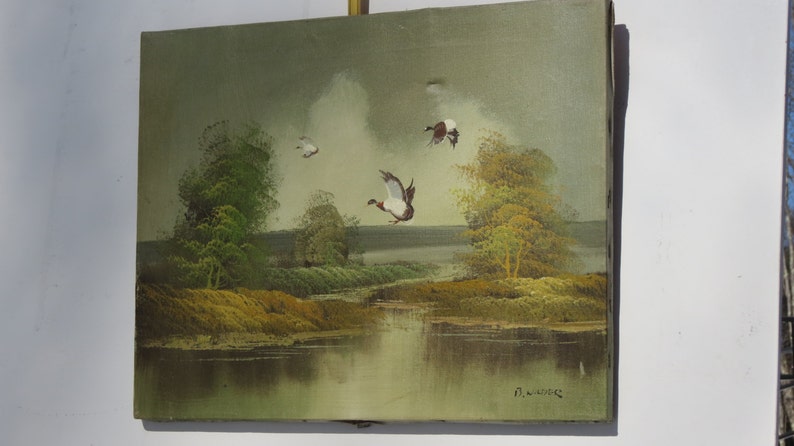 Vintage Signed B Wilder Oil on Canvas Three Ducks Flying Low Over Water ...