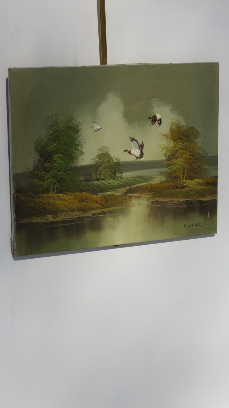 Vintage Signed B Wilder Oil on Canvas Three Ducks Flying Low Over Water ...