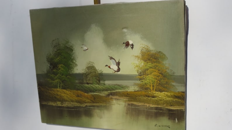 Vintage Signed B Wilder Oil on Canvas Three Ducks Flying Low Over Water ...