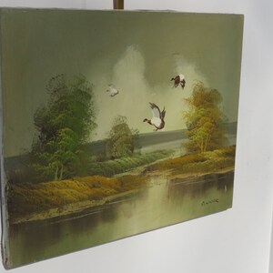 Vintage Signed B Wilder Oil on Canvas Three Ducks Flying Low Over Water ...