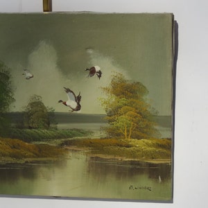 Vintage Signed B Wilder Oil on Canvas Three Ducks Flying Low Over Water ...
