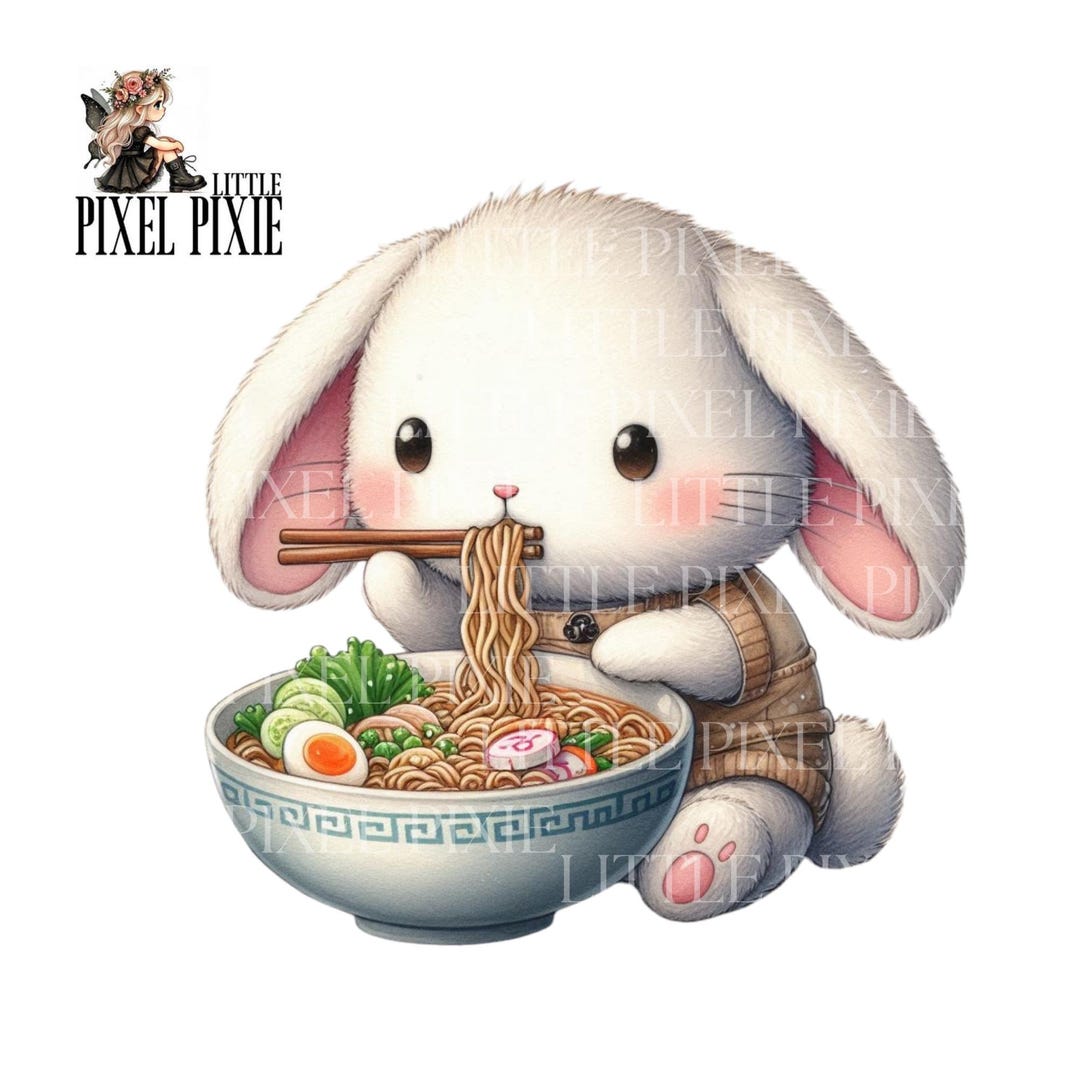 5 Cute Animals Eating Ramen Clipart, Printable Watercolor Clipart, High ...