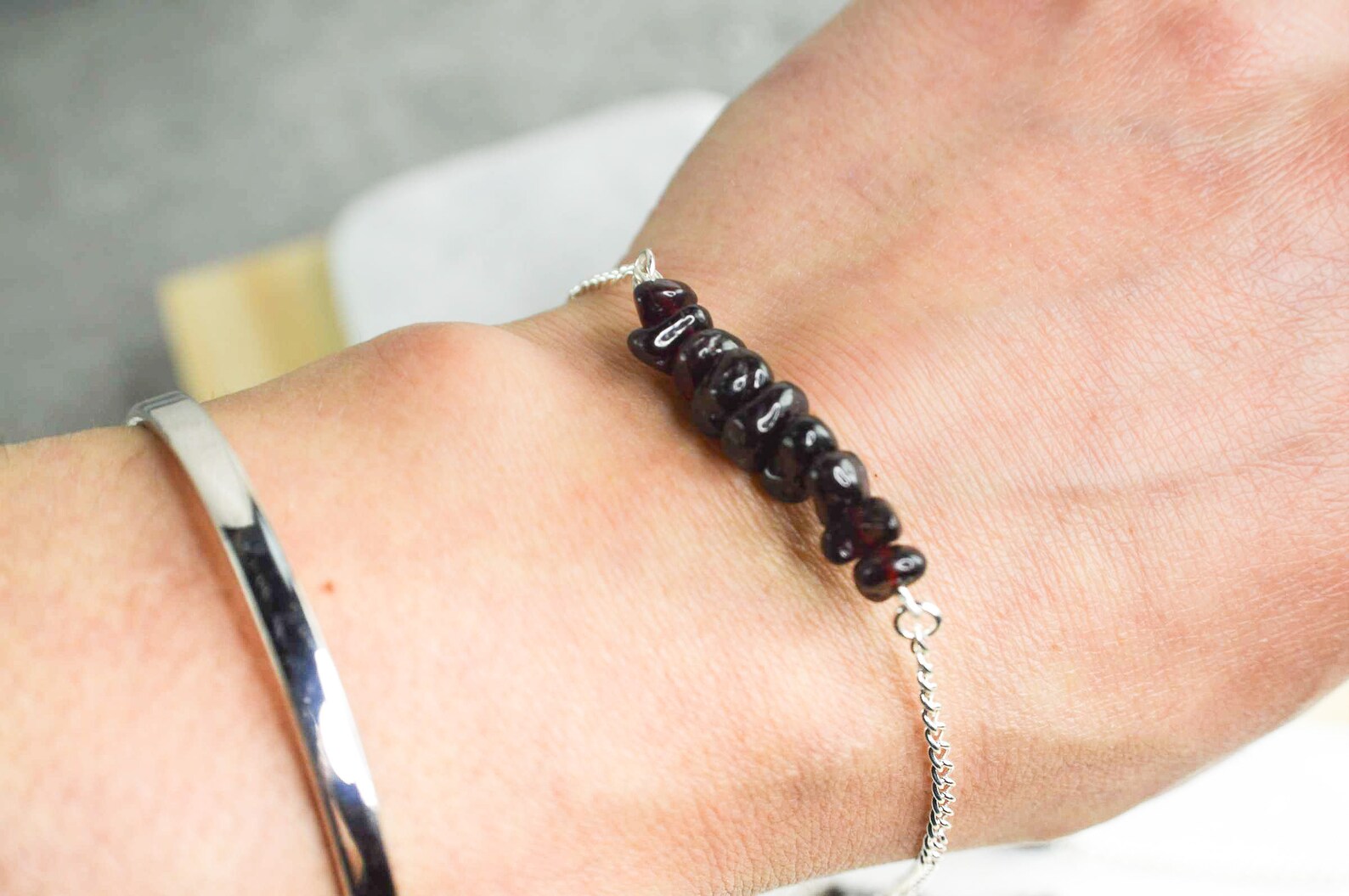 Silver Raw Stone Bar Bracelet Dark Red Garnet Polished Stone - Etsy