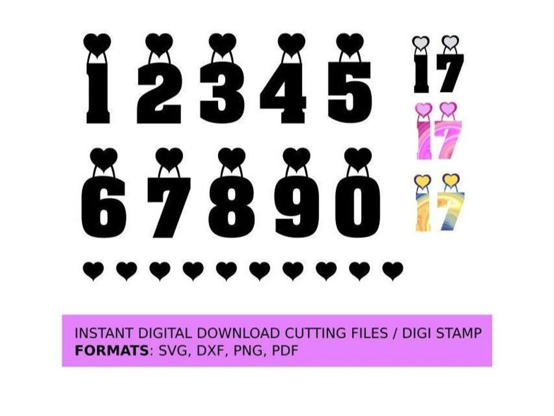 Hanging Numbers 1,2,3,4,5,6,7,8,9,0 With Attached Hearts. Digital ...