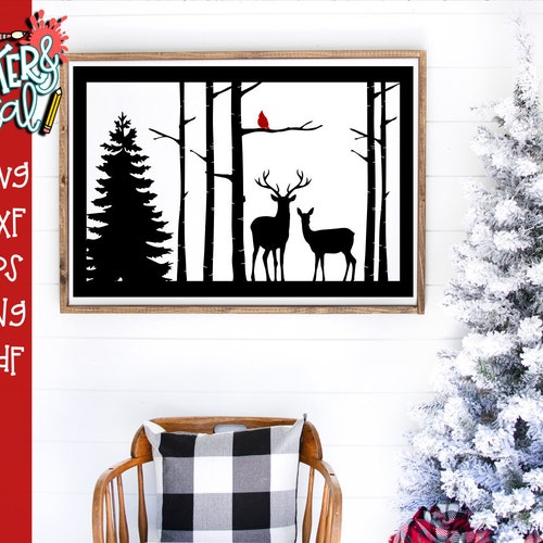 Forest Winter Outdoor Scene Cardinal SVG Deer Cut File in - Etsy