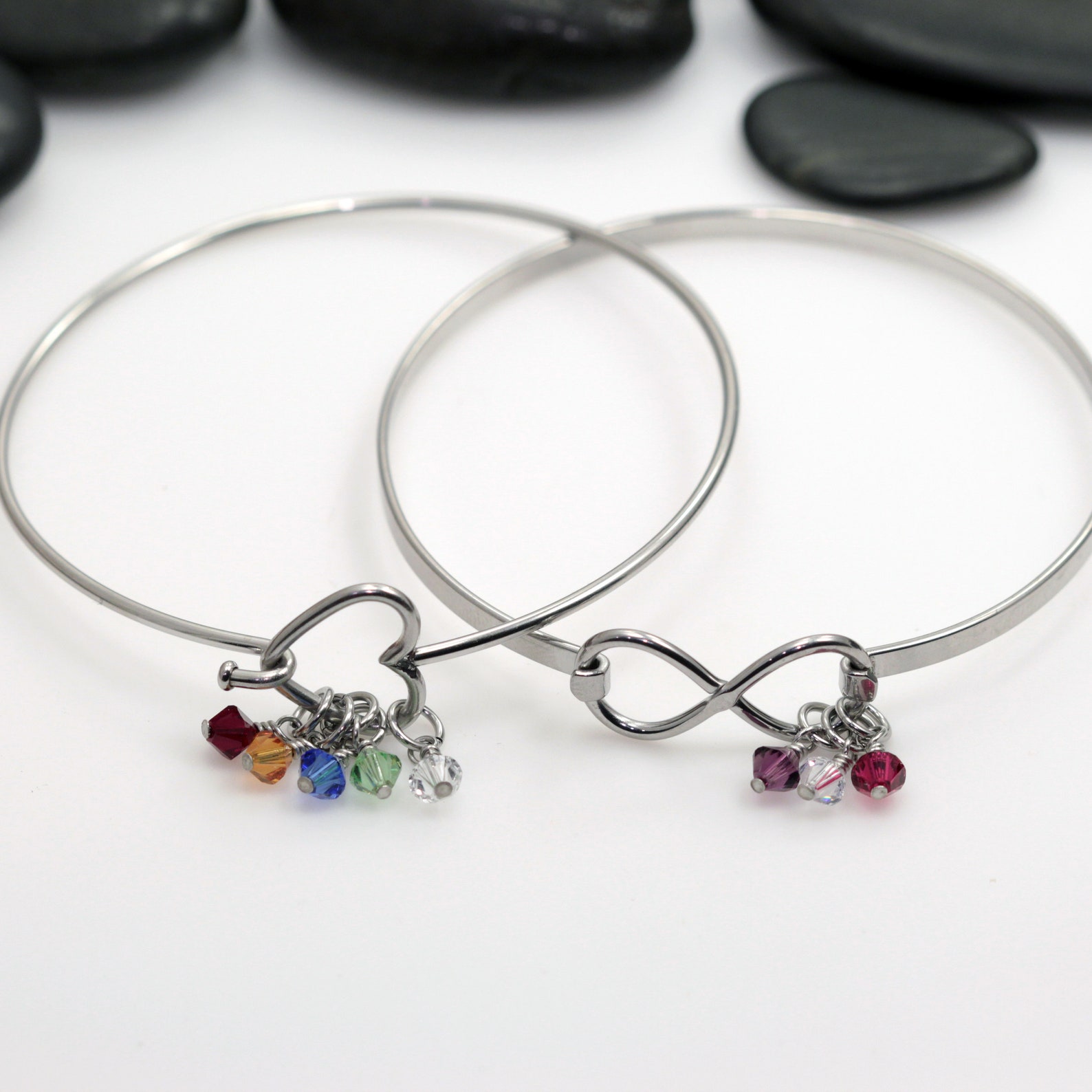 Personalized Heart Infinity Bangle Bracelet With Birthstones - Etsy