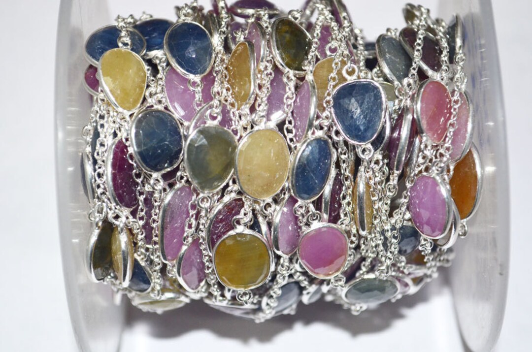 1 Feet Multi Sapphire Flat Cut Bazel Sterling Silver Wire Chain - Etsy